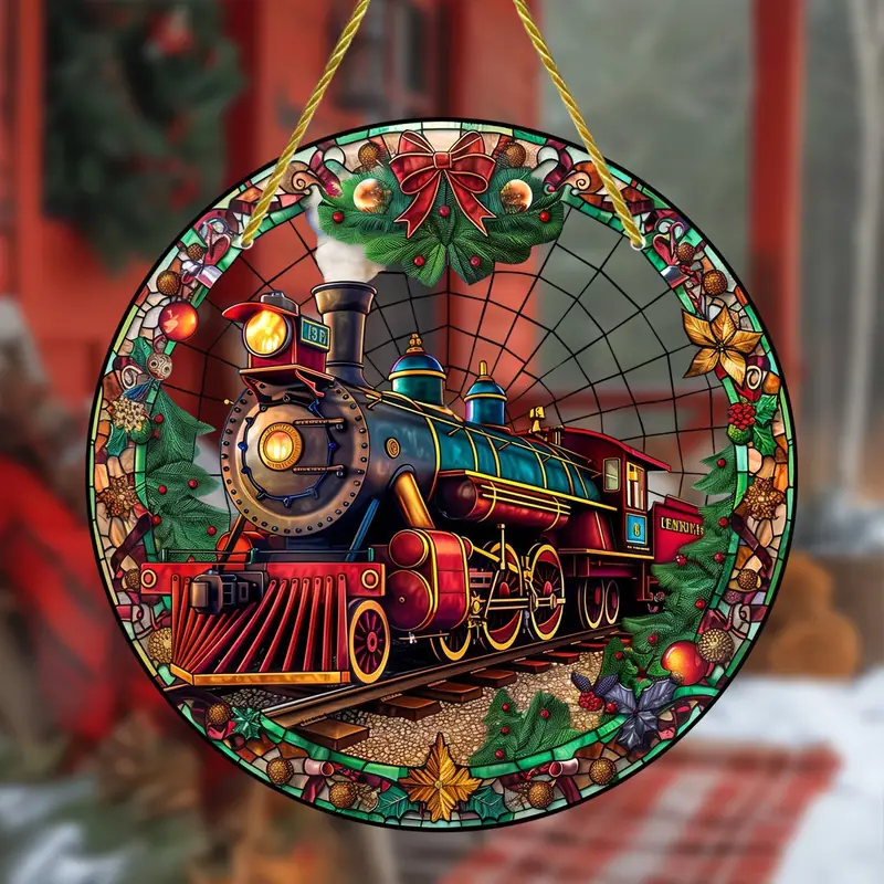 Railspirit Christmas Train Suncatcher Round Acrylic Window Hanging, Pe ...